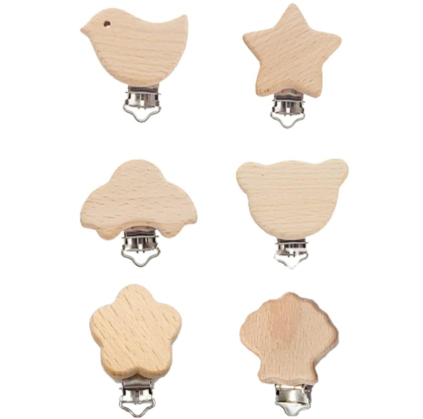 Wood Pacifier Clip Set - 6 Baby Pacifier Clips Natural Wooden ...