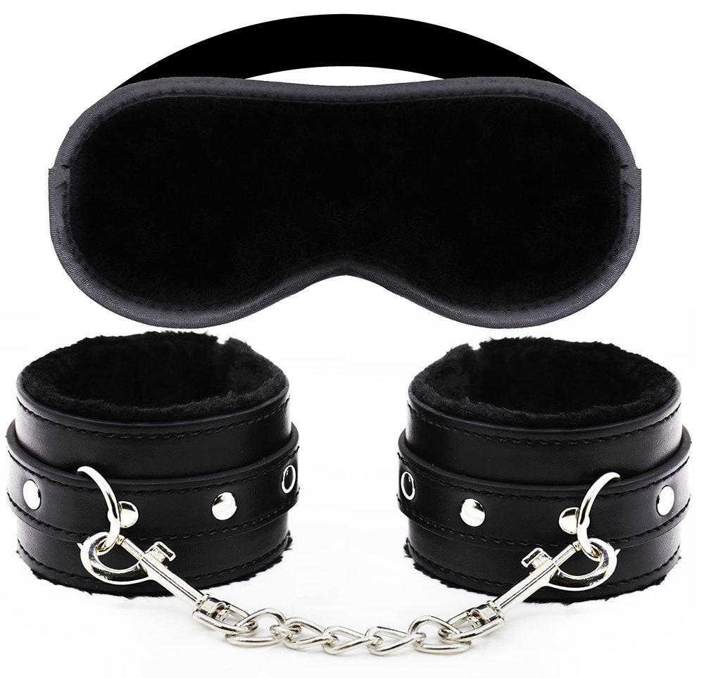 Adjustable Leather Handcuffs Cuffs + Sleeping Mask Set | Black ...