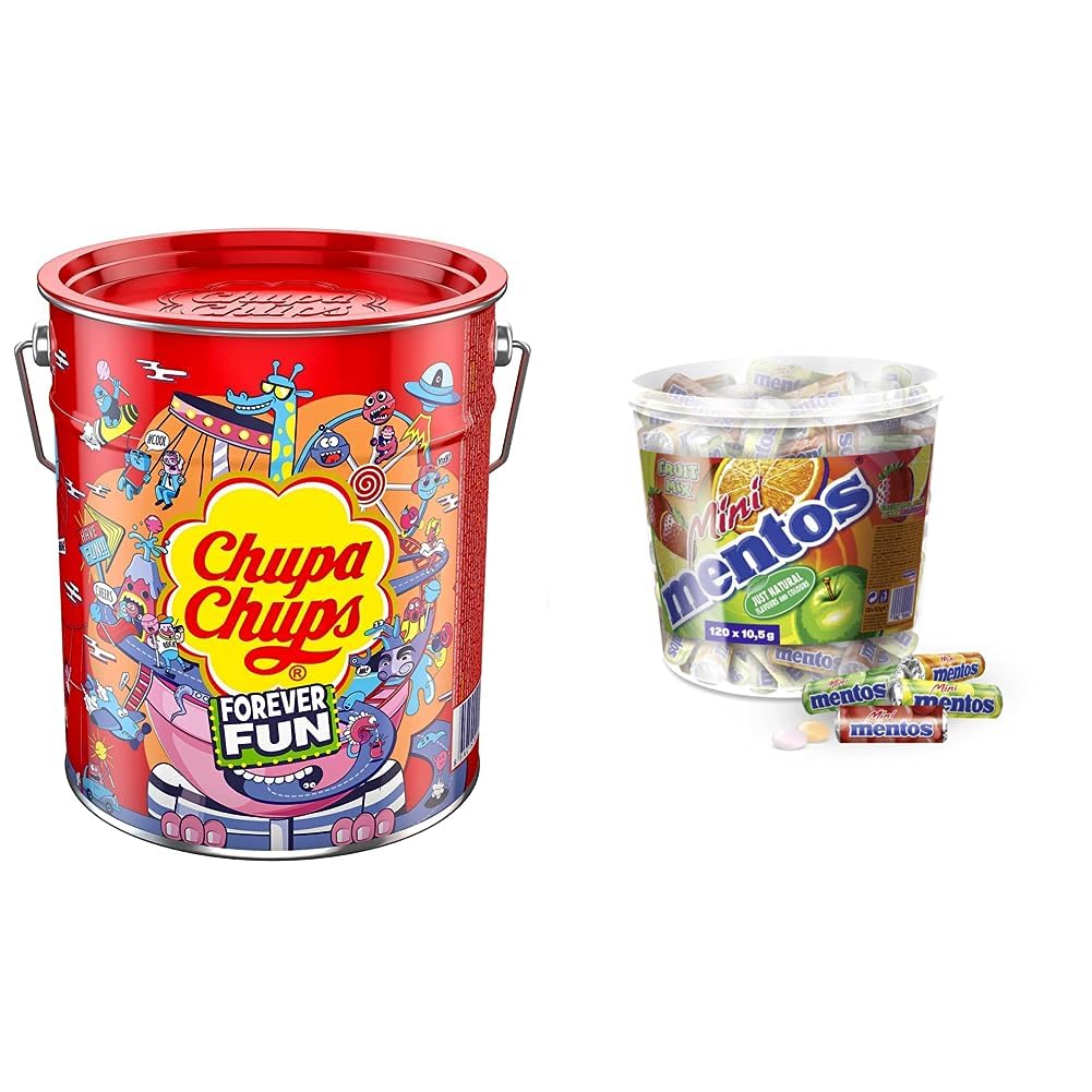 Chupa Chups Lollipop Bucket 150 pcs - 5 Flavors & Mentos Mini Fruit Mix ...