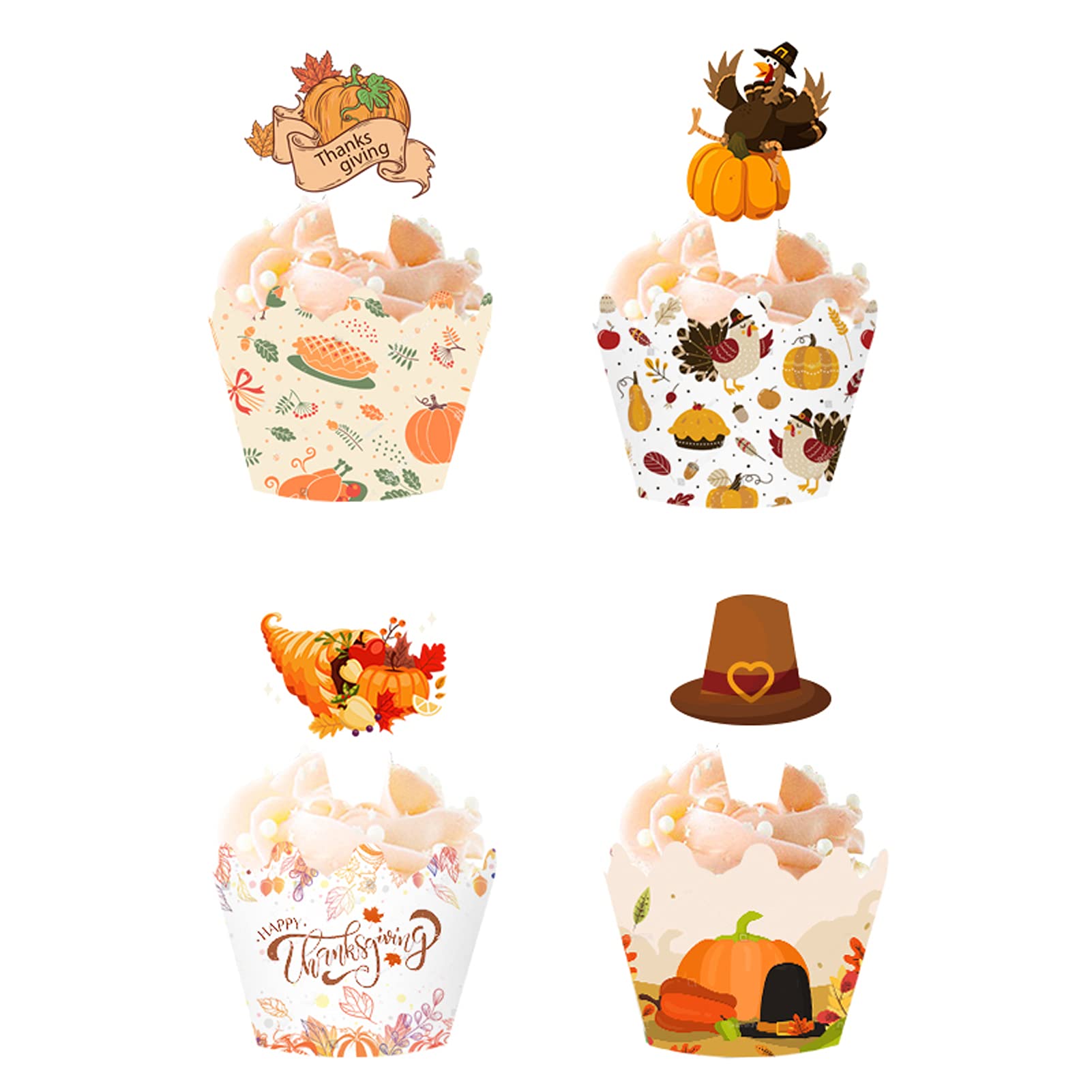 48 Pieces Thanksgiving Cupcake Toppers Cupcake Wrappers Kit Pumpkin ...