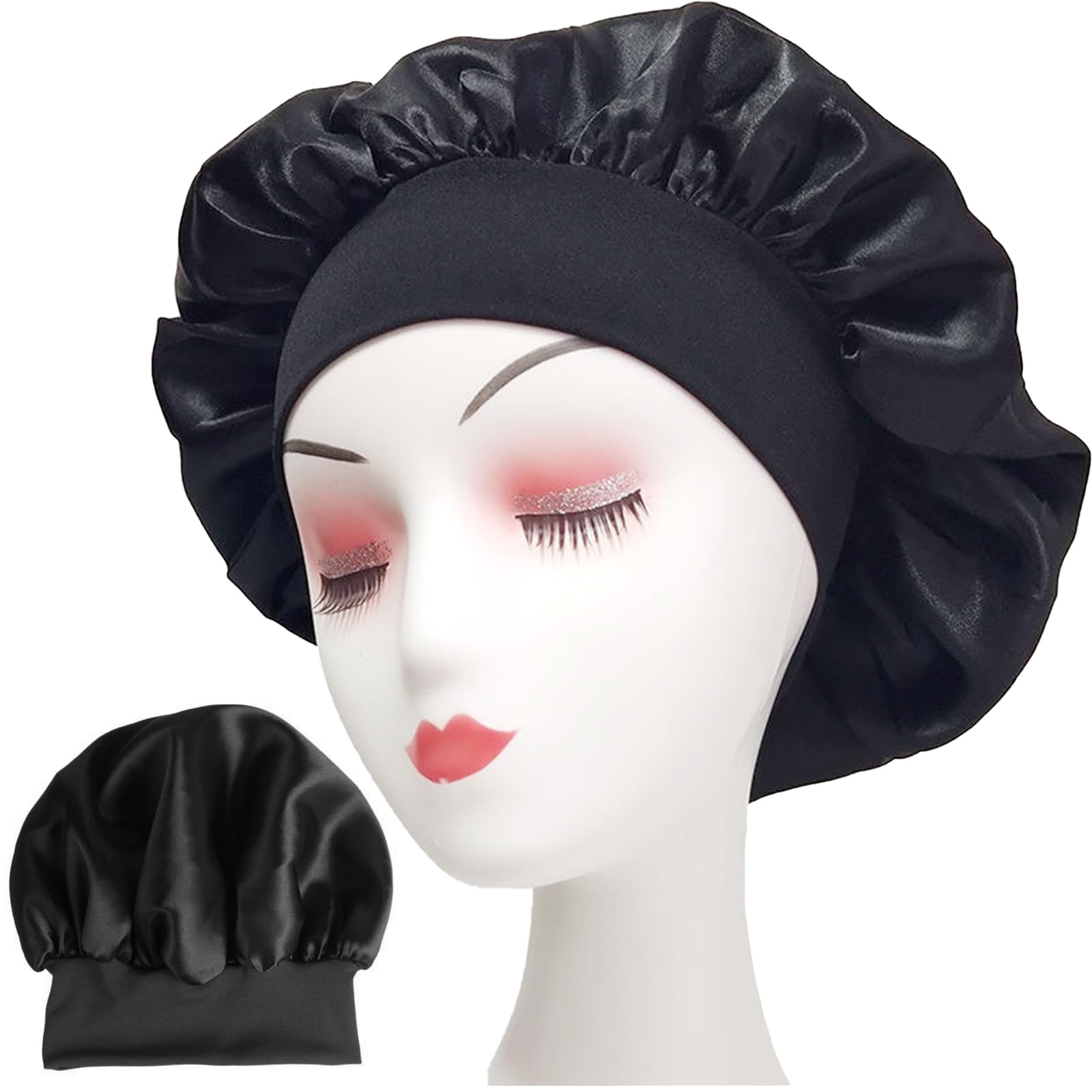 Buy 2-Piece Black Silk Satin Sleeping Hood - Hair Protection Night Cap ...