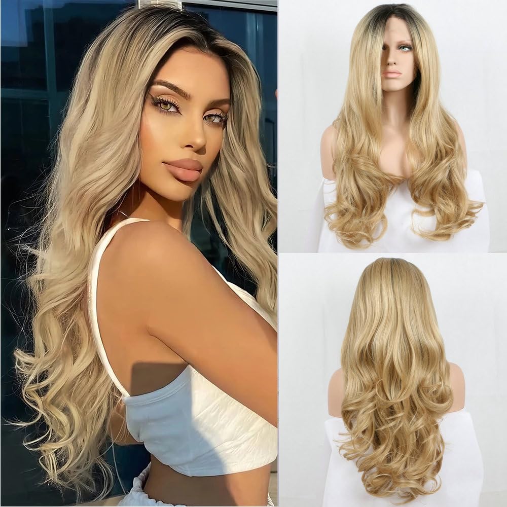 Blonde Ombre Wig with Dark Roots - Long Wavy Curl Synthetic Lace Front ...