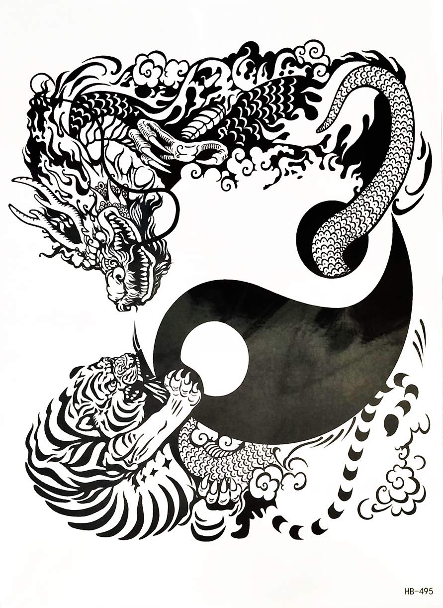 Parita Big Tattoos Tiger Dragon Fight Yin Yang Kung Fu Cartoon Old School Tattoo Fake Waterproof