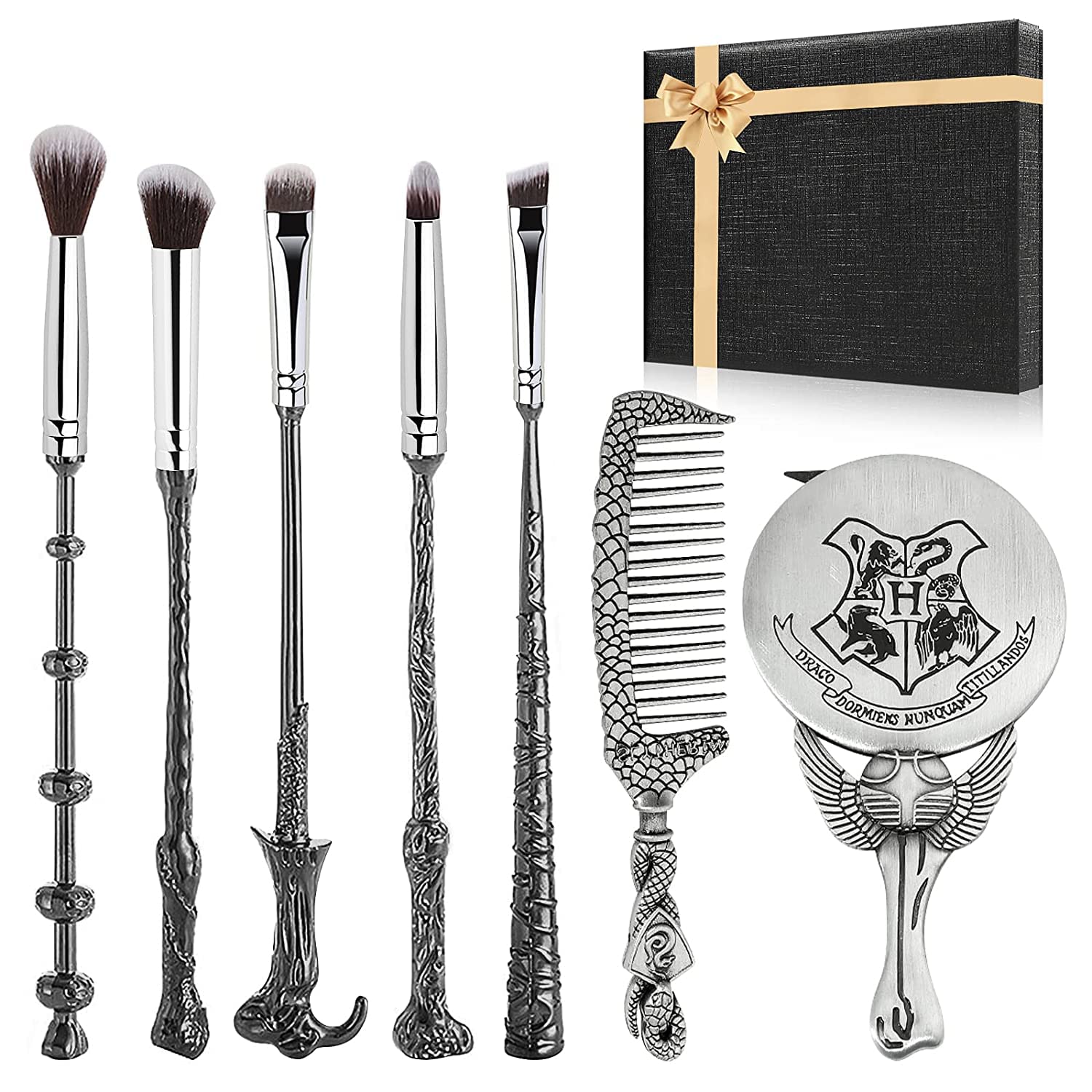 Harry Makeup Brush Gift Set 7 PCS Wizard Wand Brushes with Silver Comb Handle For Foundation Blush Eyeshadow Ideal Harry Gift for Girls Women