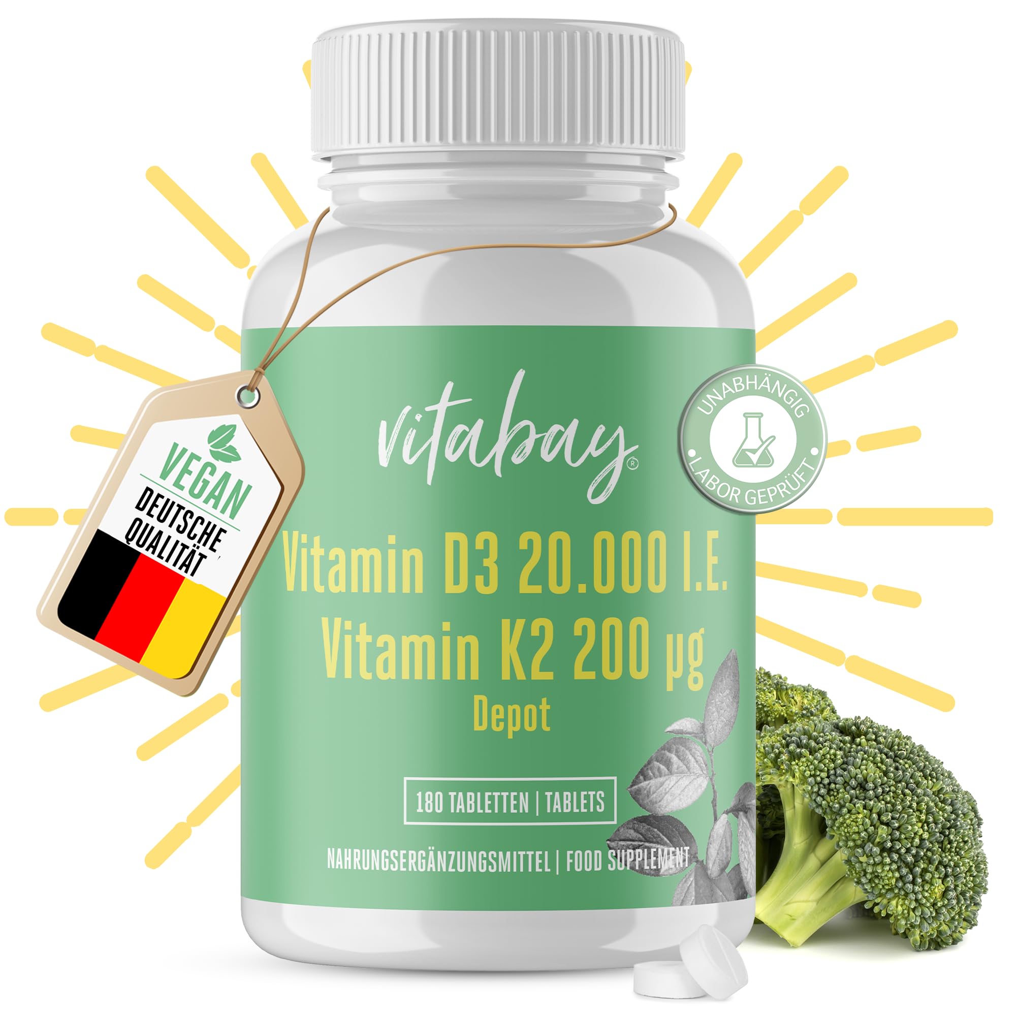 Buy Vitabay Vitamin D3 K2 - High Dose 20 000 IU - 180 Vegan Tablets ...