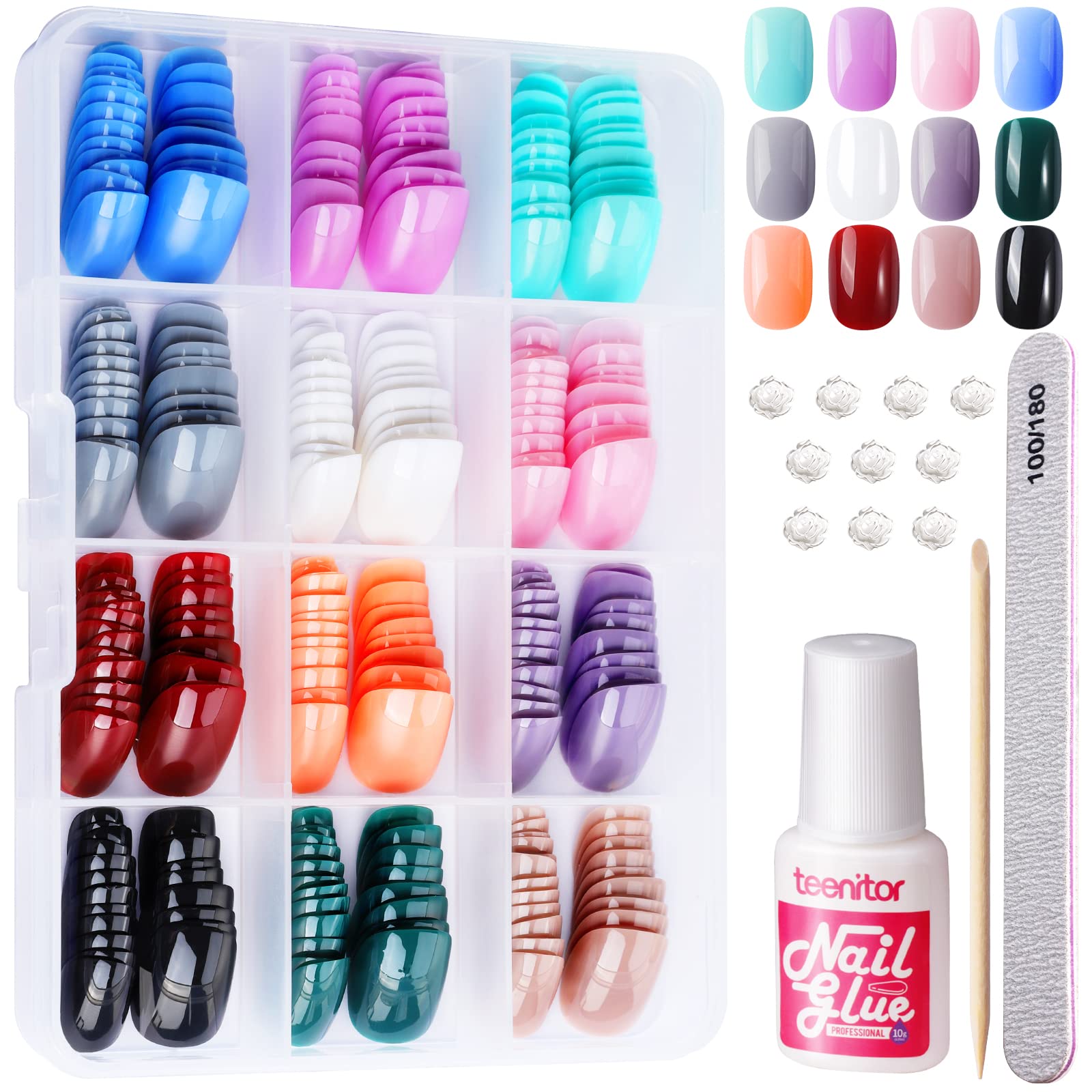Glossy Short Press On Nails 12-Pack for Girls - Teenitor Short False Nails with Glue in 12 ...