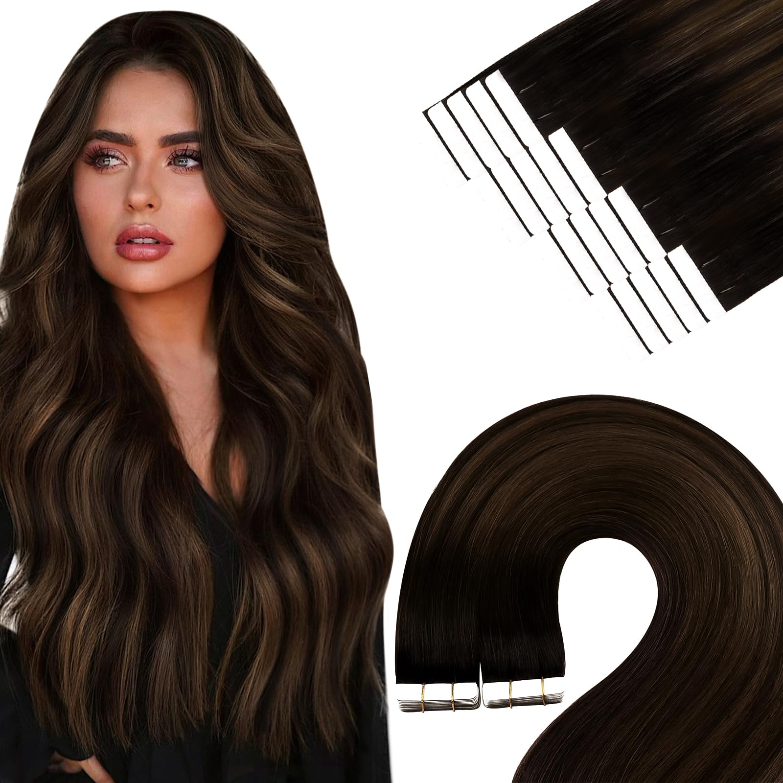 Youngsee Ombre Real Hair Extensions - 50cm Tape-In Dark Brown Seamless ...