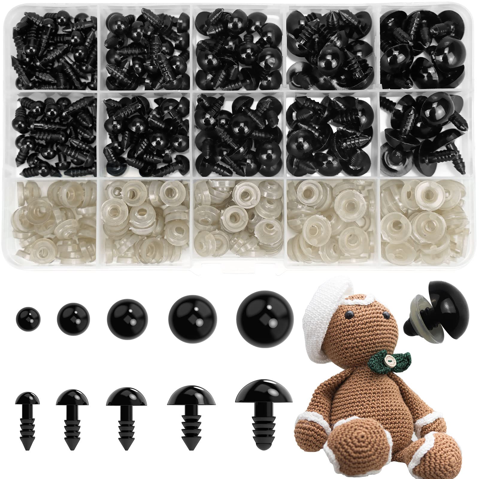 240PCS Black Safety Eyes for Amigurumi Crafts Sizes 6mm to 14mm Doll Eyes with Washers for Crochet Toys Stuffed Animals