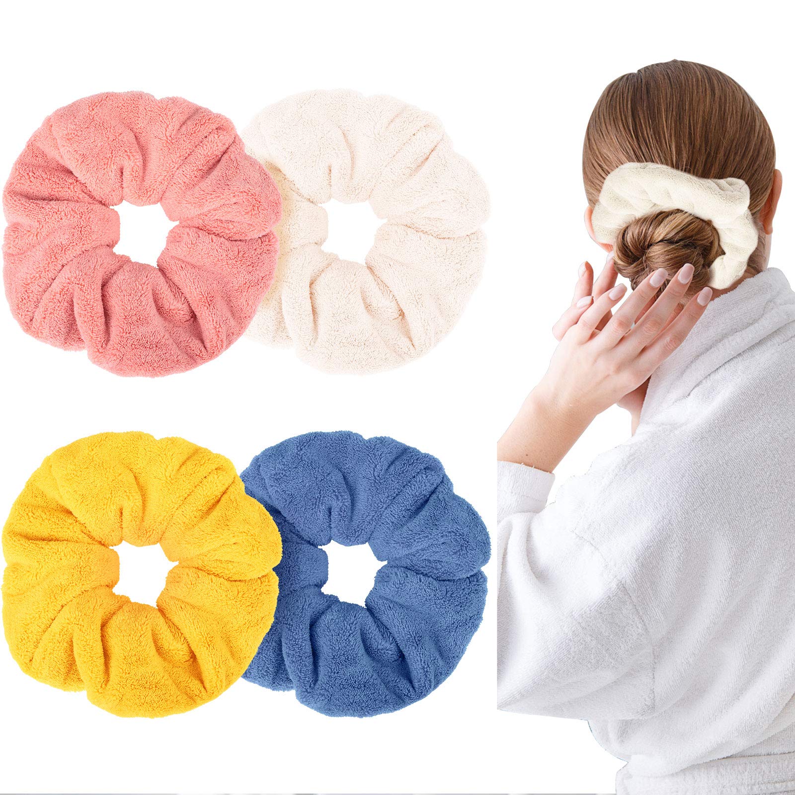 4 Piece Large Microfiber Hair Towel Scrunchies Set Soft Thick Hair Accessories for Wet Dry Hair Classic Colors