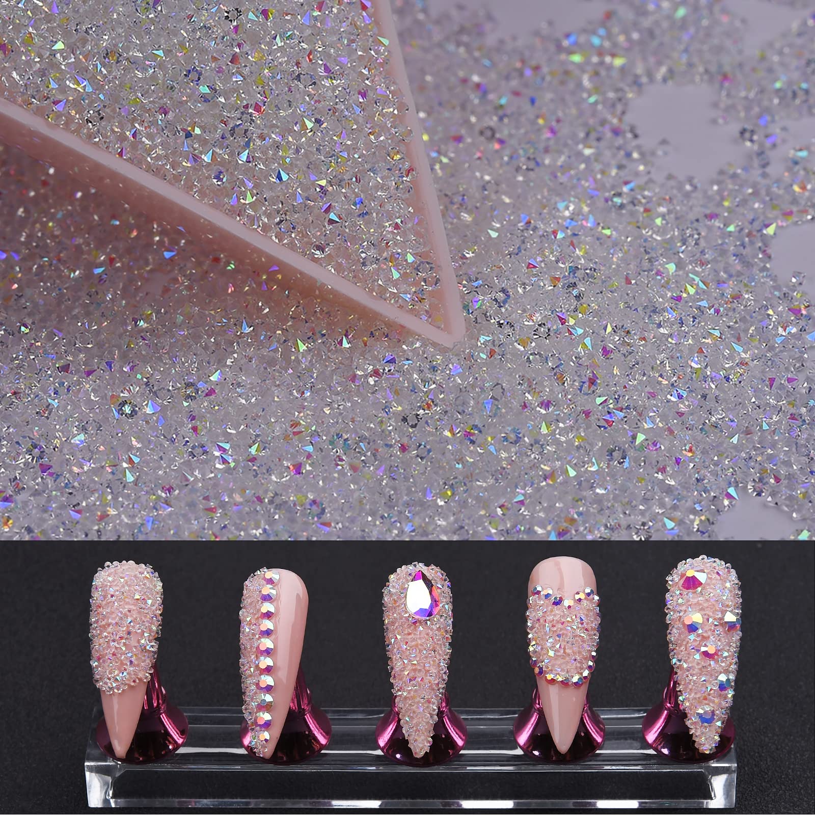 HINABTRU 8000pcs Ultra Mini 1.2mm Nail Rhinestones Sand Nail Diamonds Micro Pixie Crystals for Nails Iridescent AB Bling Tiny Nail Gems Sugar Glitter