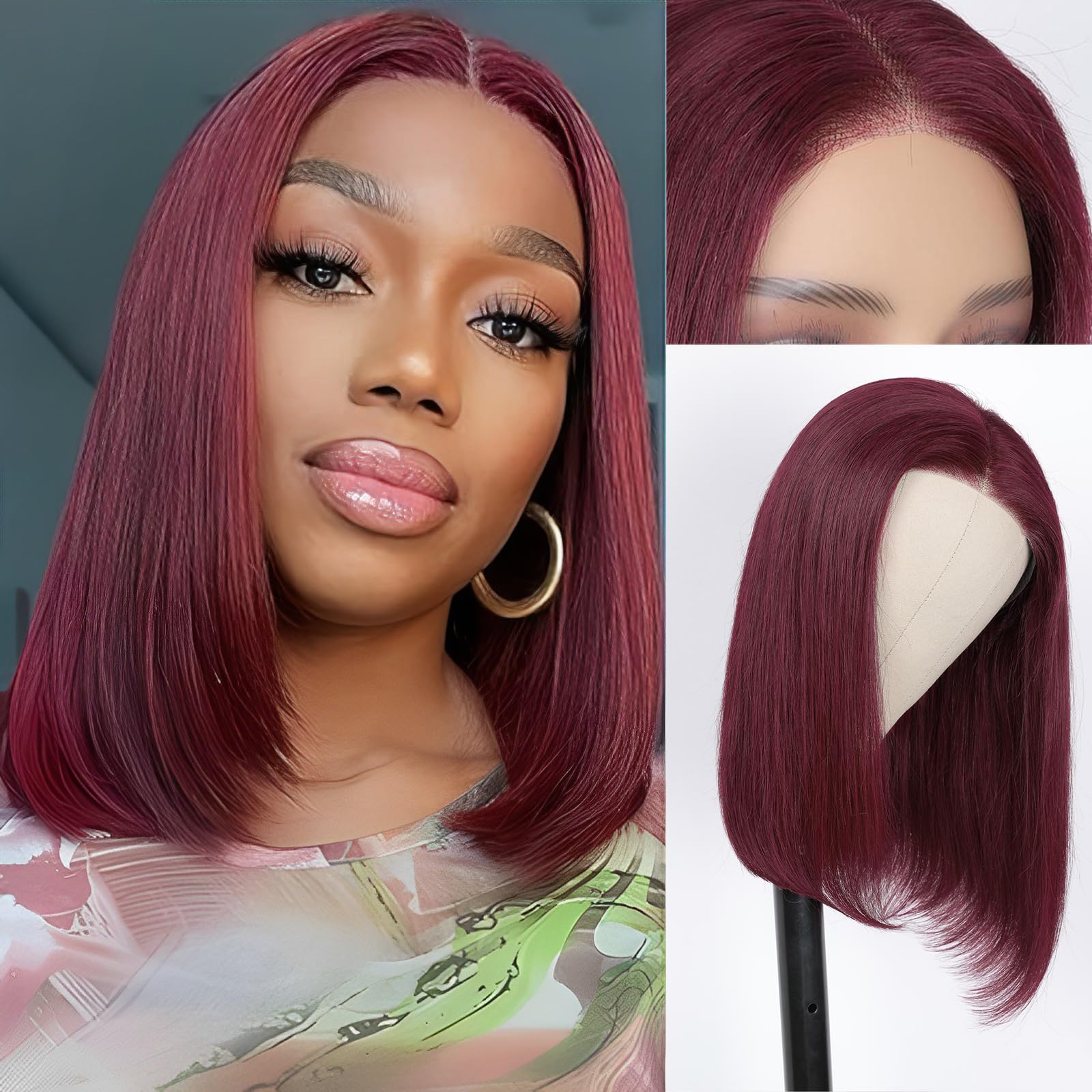 Buy 99J Bob Straight Glueless Wig - Pre Cut Lace Natural Hairline 180% ...