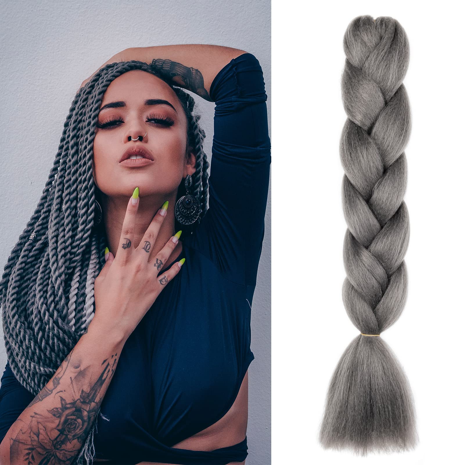 Gairyan Jumbo Braids Extensions - 60cm Ombre Synthetic Hair (Dark Gray ...