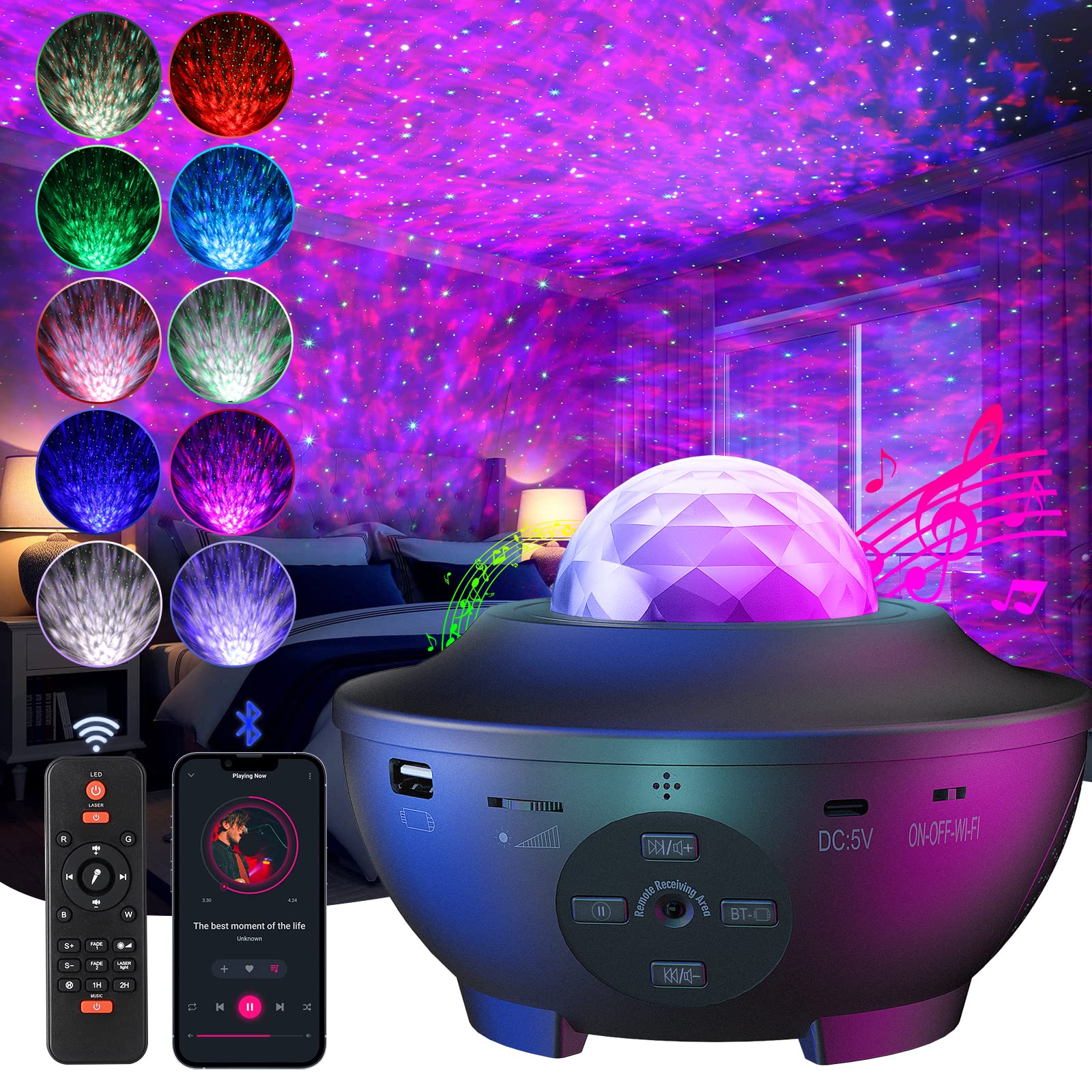 Ocean Wave Star Sky LED Projector Light with Music Speaker & Remote ...