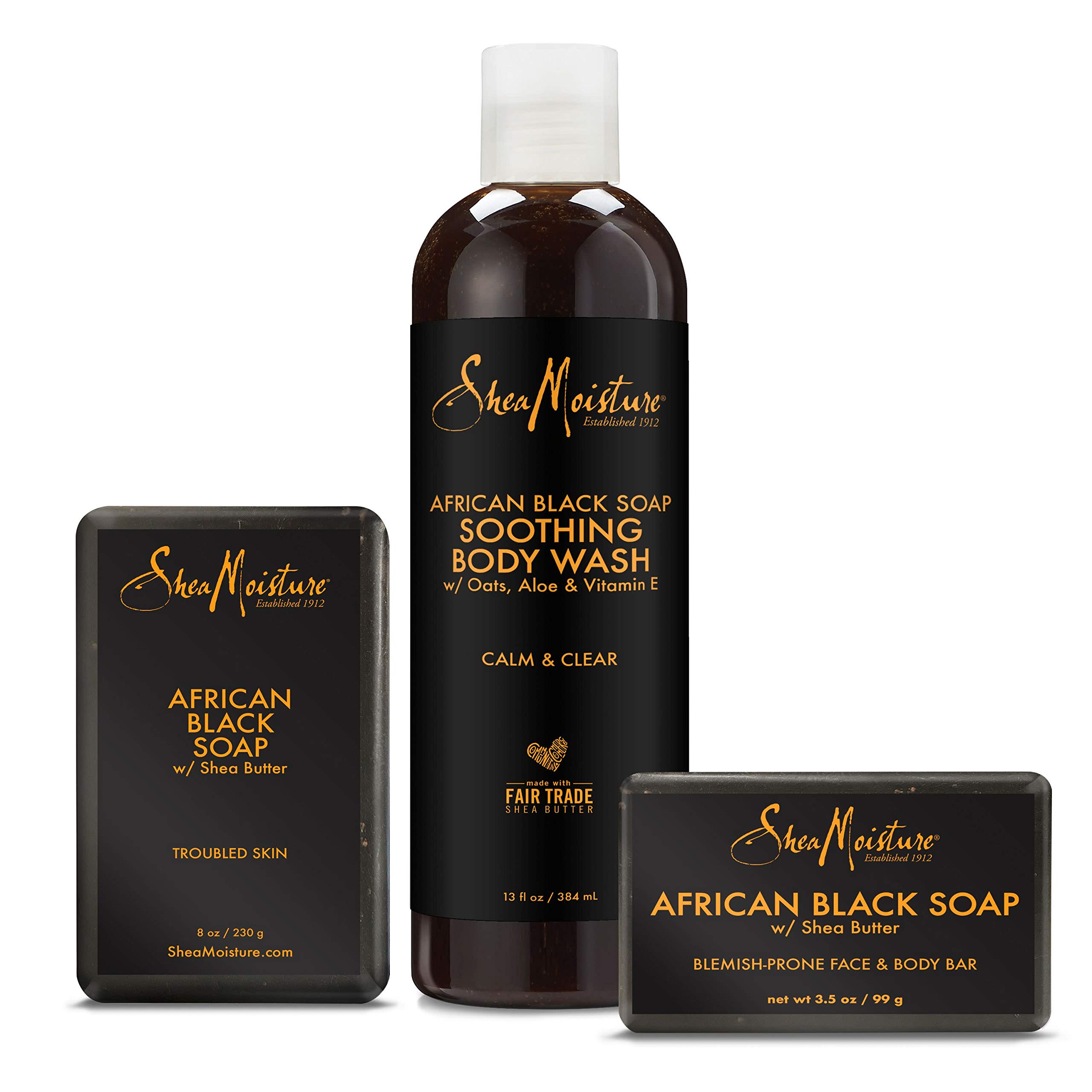 SheaMoisture African Black Soap Bath and Face Skin Care Kit with Shea Butter and Aloe Vera 3 Pack