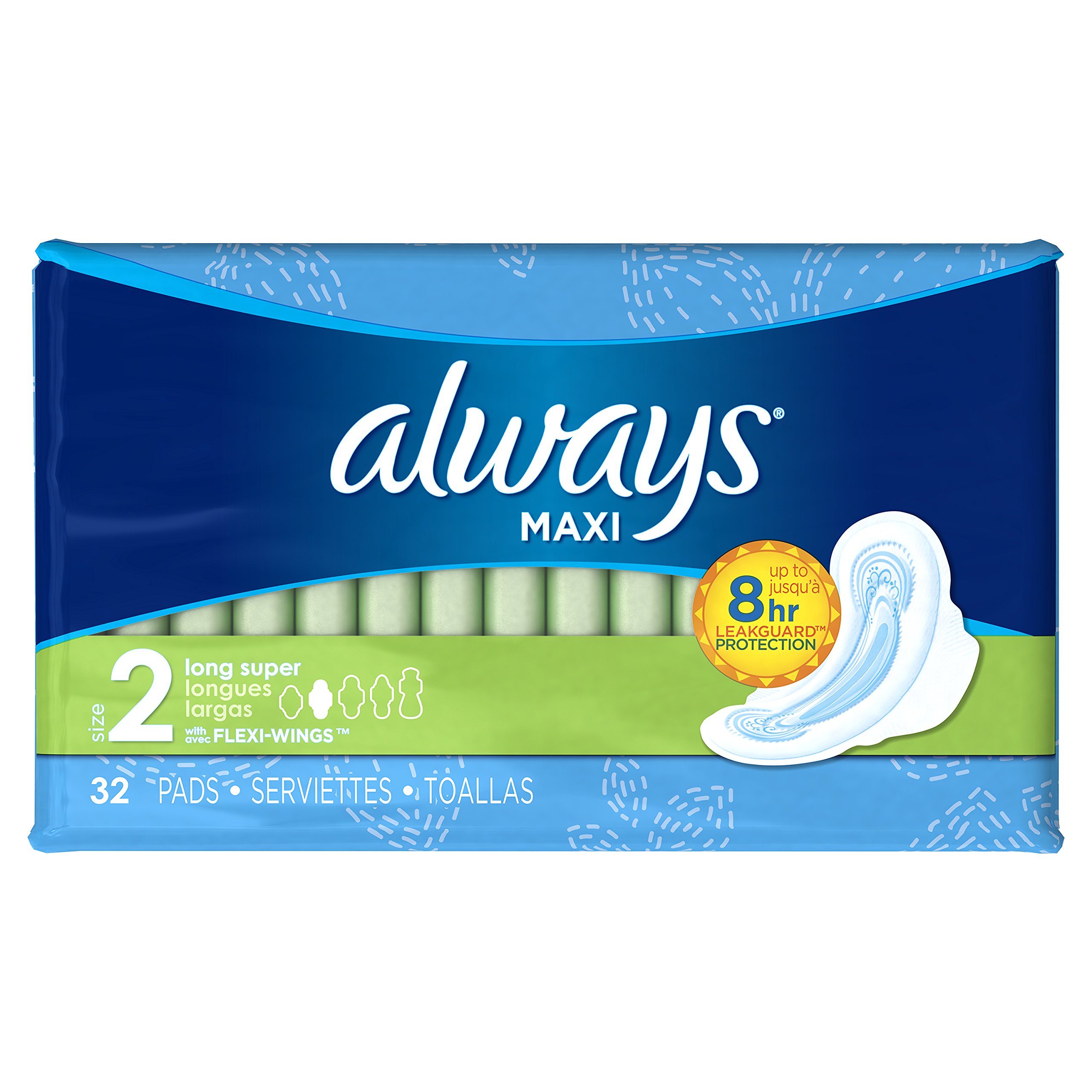 Always Maxi Size 2 Super Pads with Wings Unscented 32 Count