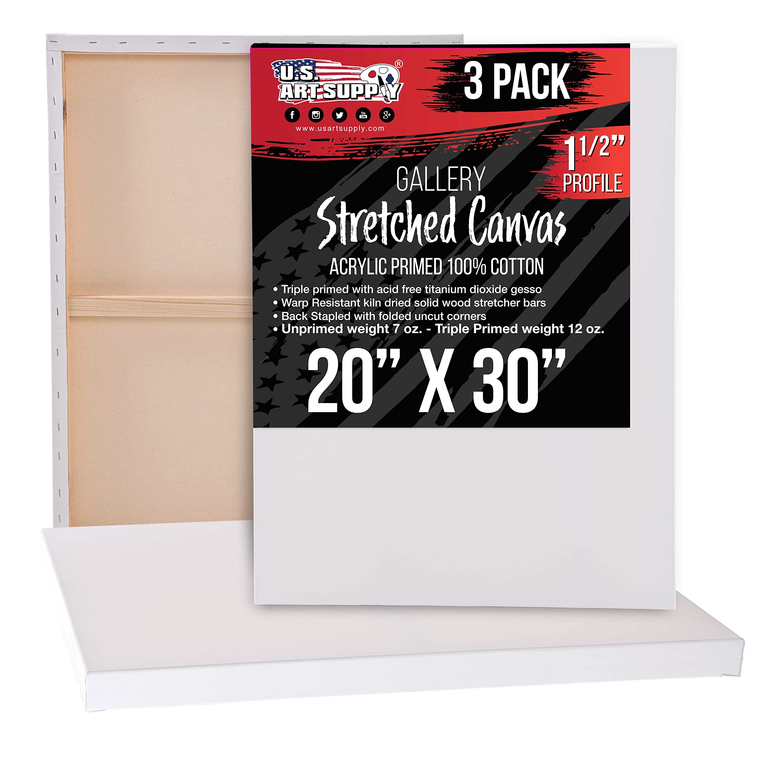 U.S. Art Supply 20 x 30 inch Gallery Depth 1-1/2 Profile Stretched ...