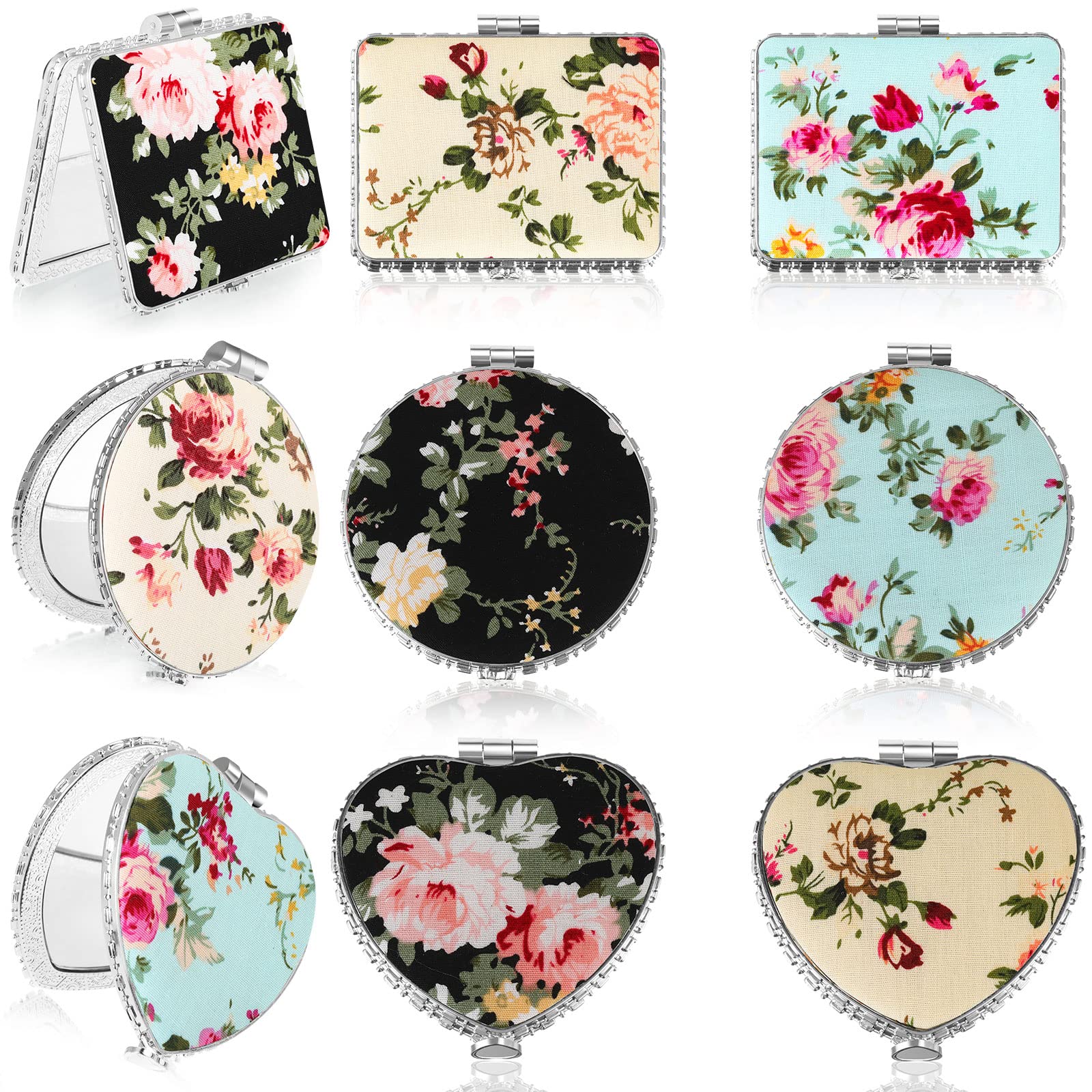 Vintage Peony Pattern Compact Mirrors Set - 9 Pcs Portable Travel ...