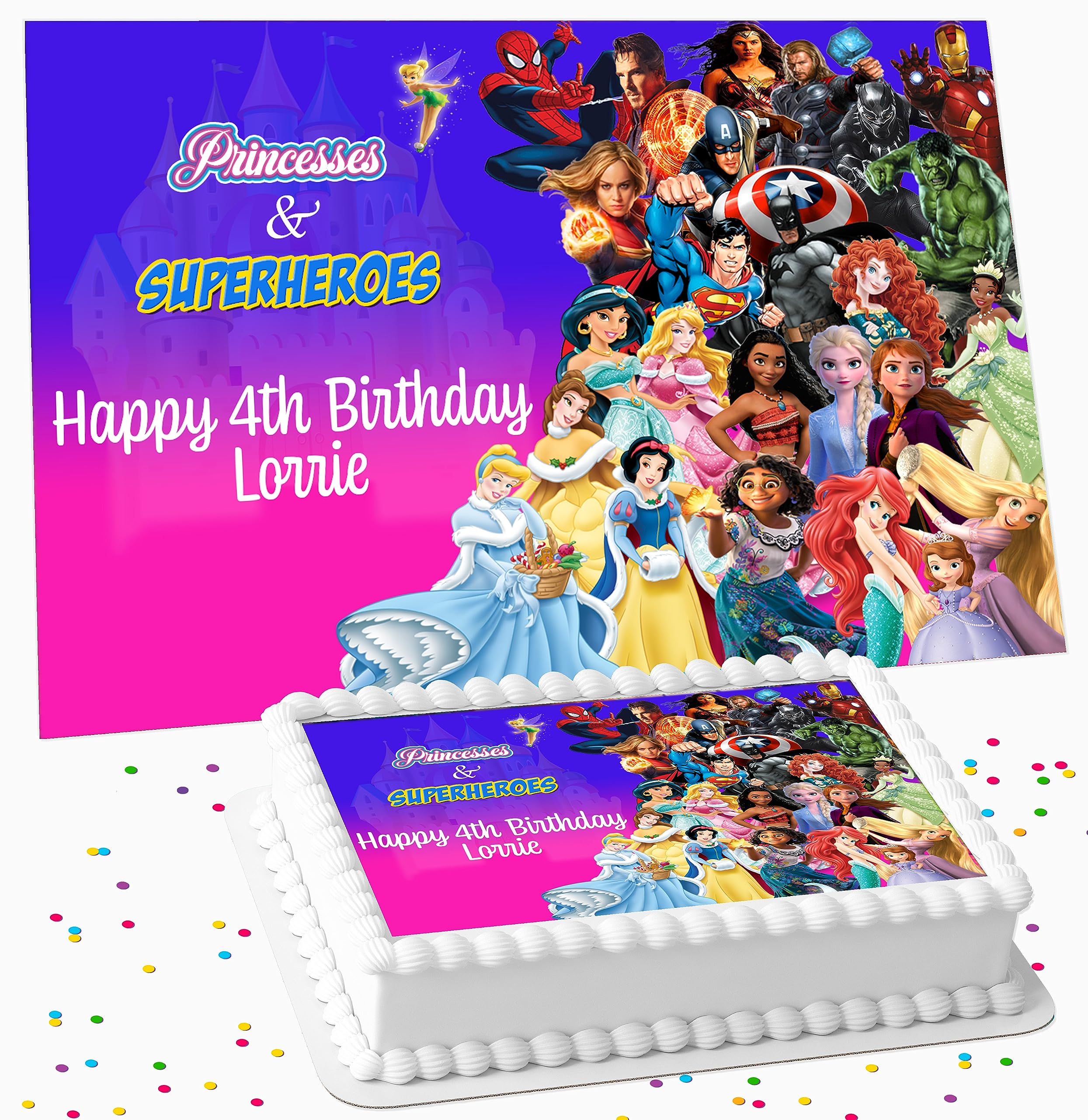 PRINCESS & SUPERHEROES PERSONALISED EDIBLE ICING COSTCO CAKE TOPPER R3 ...