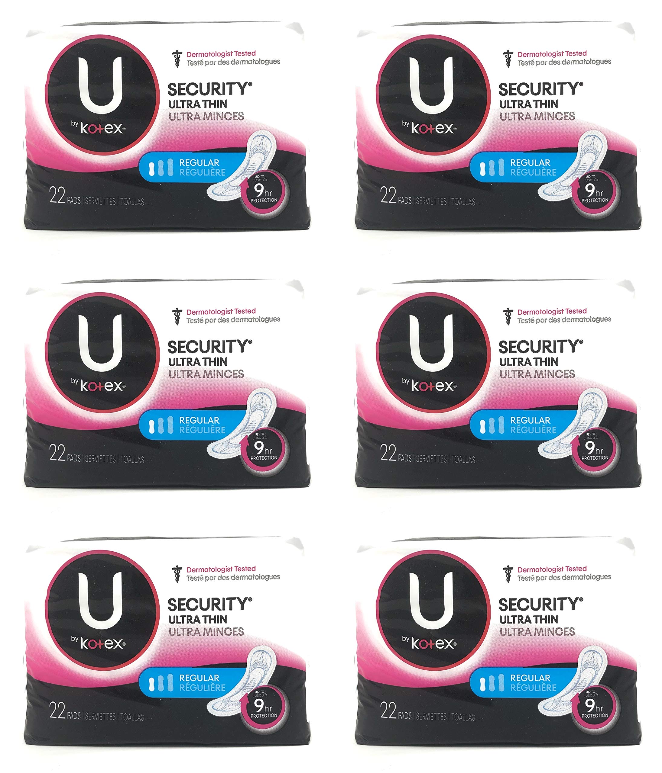 U by Kotex Ultra Thin Pads Regular Fragrance-Free 22 Count (Pack of 6)