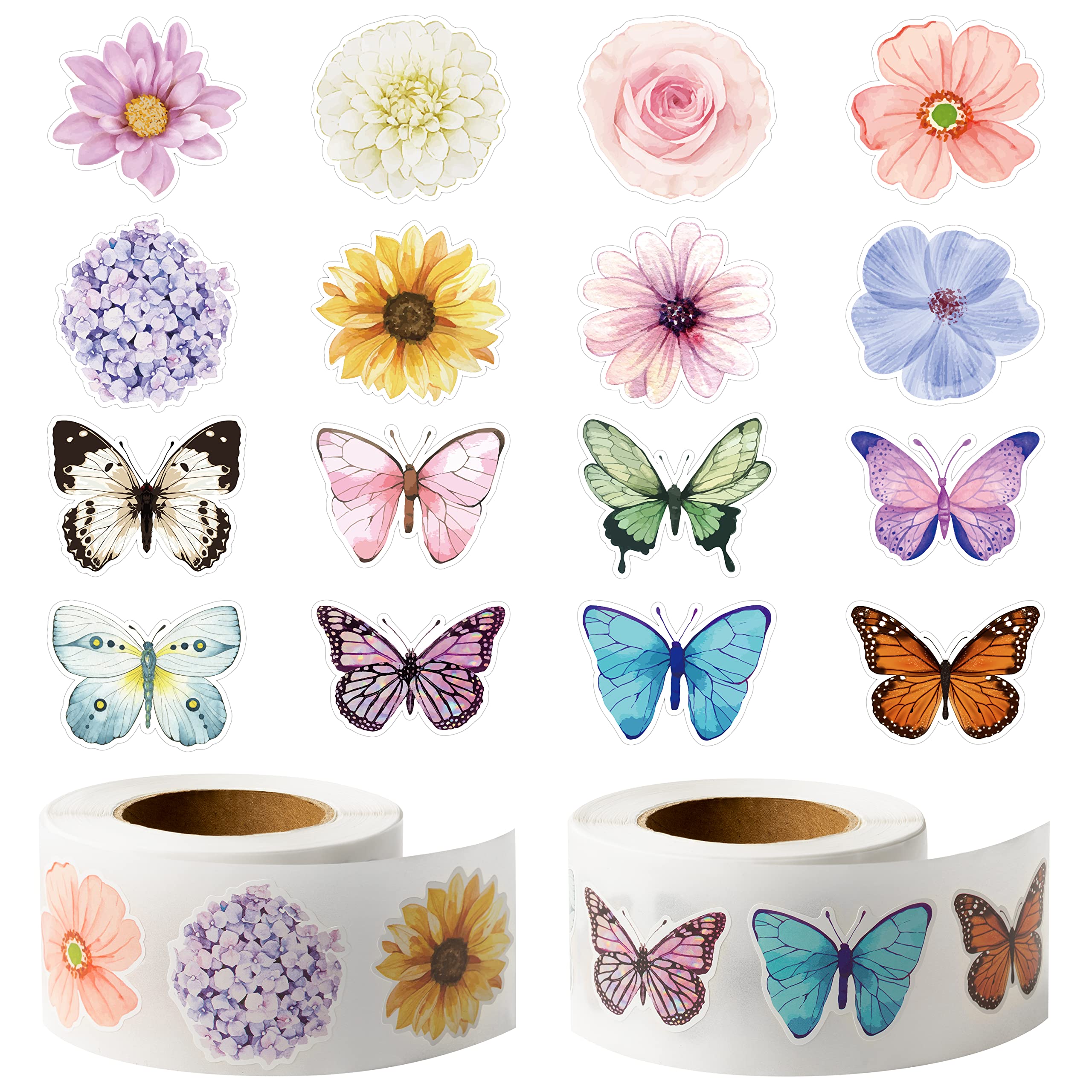 W1cwey 1000pcs Assorted Butterfly Flower Sticker Rolls (2 Rolls) - 16 ...