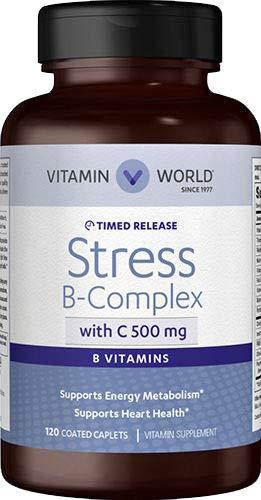 Vitamin World Stress B-Complex with 500mg Vitamin C Timed Release 120 Caplets - Vegetarian ...