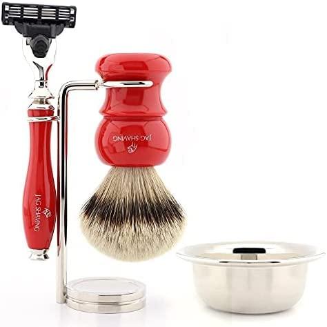 Premium Red Shaving Set: 3-Edge Razor Badger Hair Brush Shaving Bowl ...