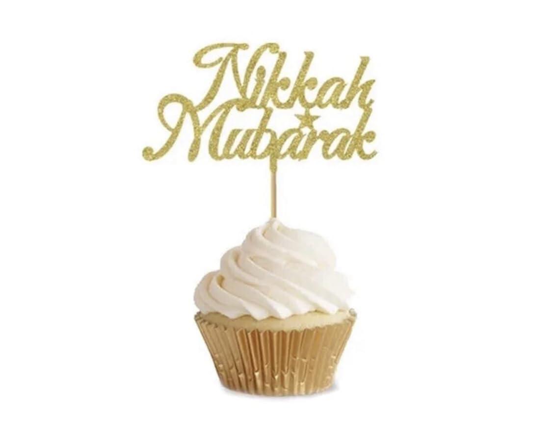 12 Nikkah Mubarak Cup Cake Toppers Gold Silver Glitter Nikkah Cake ...