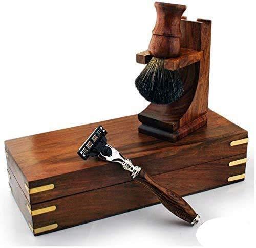 Premium Wooden Shaving Set for Men | Luxury Triple Edge Razor & Black ...