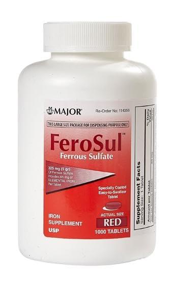 Major FeroSul Ferrous Sulfate 325mg (5g) - 1000 Red Tablets | Iron ...