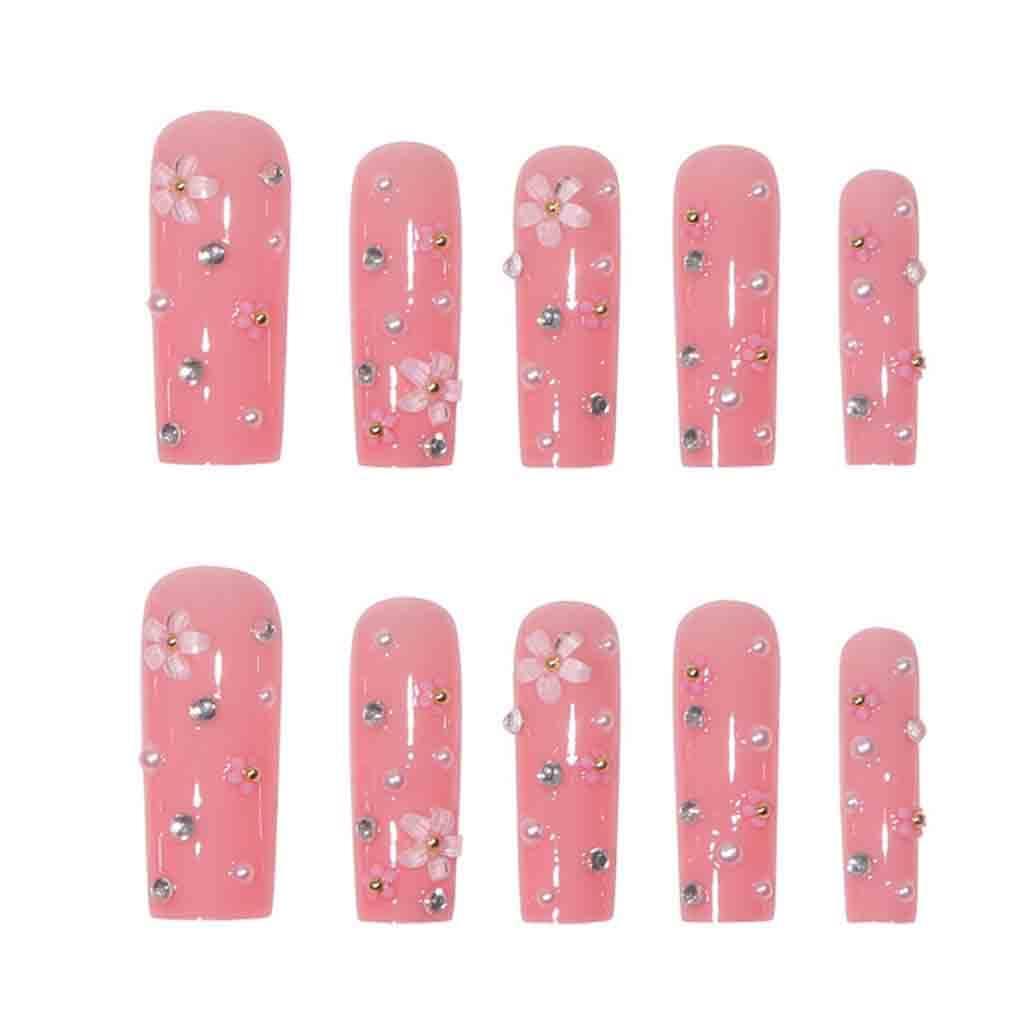 Foccna Pink 3D Flower Press on Nails - 24pcs Long Square Bling Rhinestone Fake Nails for Women ...