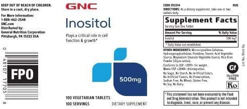GNC Inositol 500mg 100 Tablets - Supports Cell Function and Growth ...