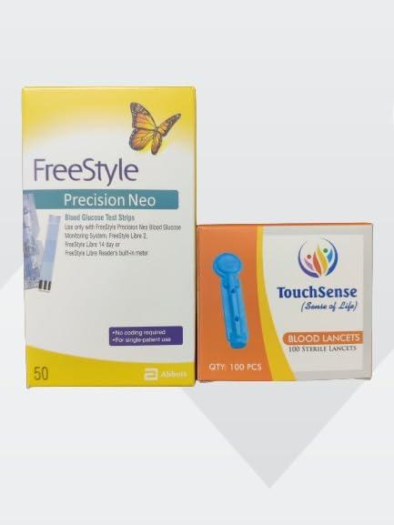 Freestyle Precision Neo Glucose Test Strips + TouchSense Lancets Combo ...
