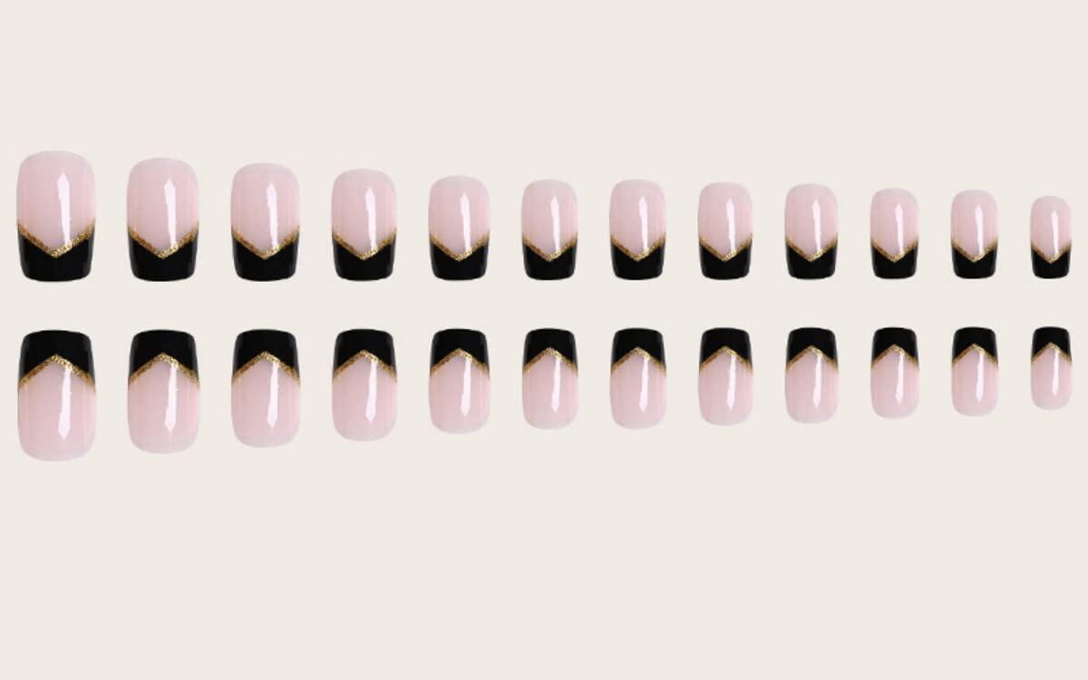 Buy Justotry 24pcs Black Angular Press-On Nails - Gold Glitter French ...