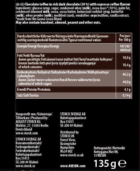 Riesen NEW Dark Chocolate Covered Toffee Espresso Flavour 135 g (Pack ...