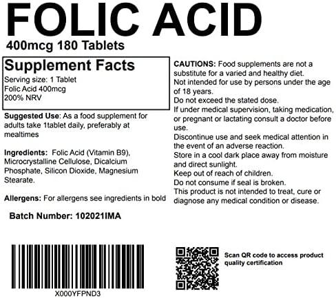 Folic Acid 400mcg 180 Tablets - Pregnancy & Fertility Supplement - UK ...
