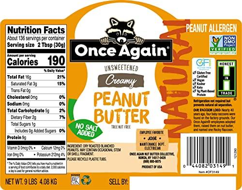 Once Again Natural Creamy Peanut Butter 9lb - Salt Free, Gluten Free ...