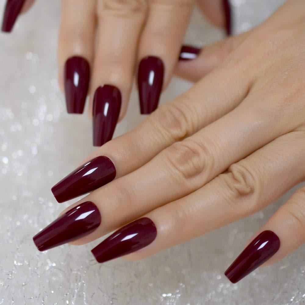 Tapered Coffin Nails Long Square Maroon Dark Red - 24 CT Acrylic False ...