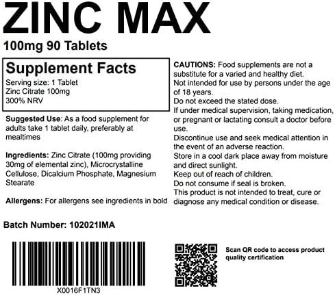 Zinc Max 100mg 90 Tablets | Pharmaceutical Grade Zinc Supplement | Buy ...