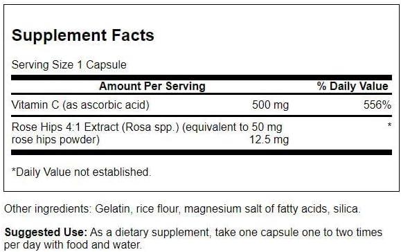 Swanson Vitamin C with Rose Hips 500mg Capsules for Immune and Cardiovascular Health - 100ct ...