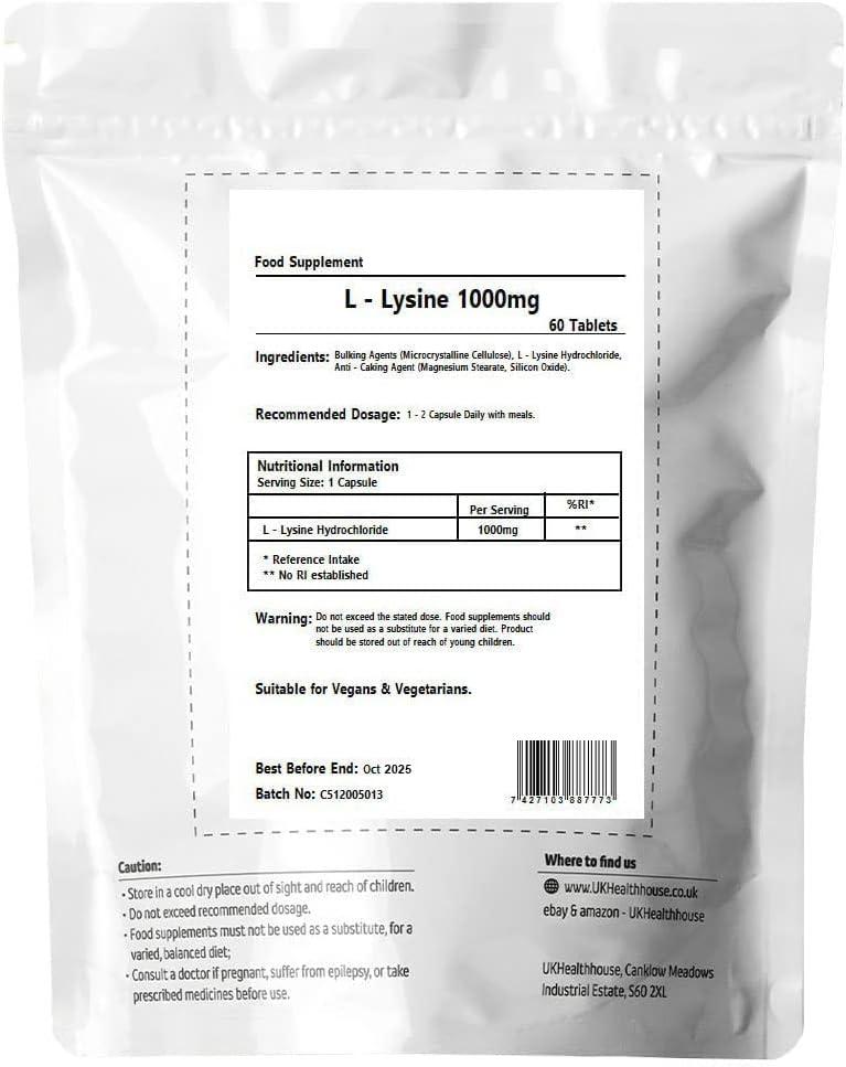 L-Lysine 1000mg Tablets (60 ct) - Pack of 1 | Immune Support Supplement ...
