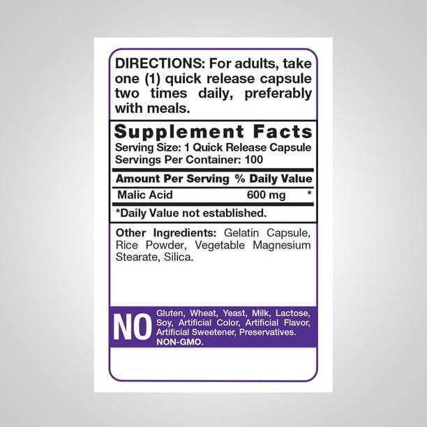 Malic Acid 600mg Capsules - 100 Count | Food Grade Non-GMO Supplement ...