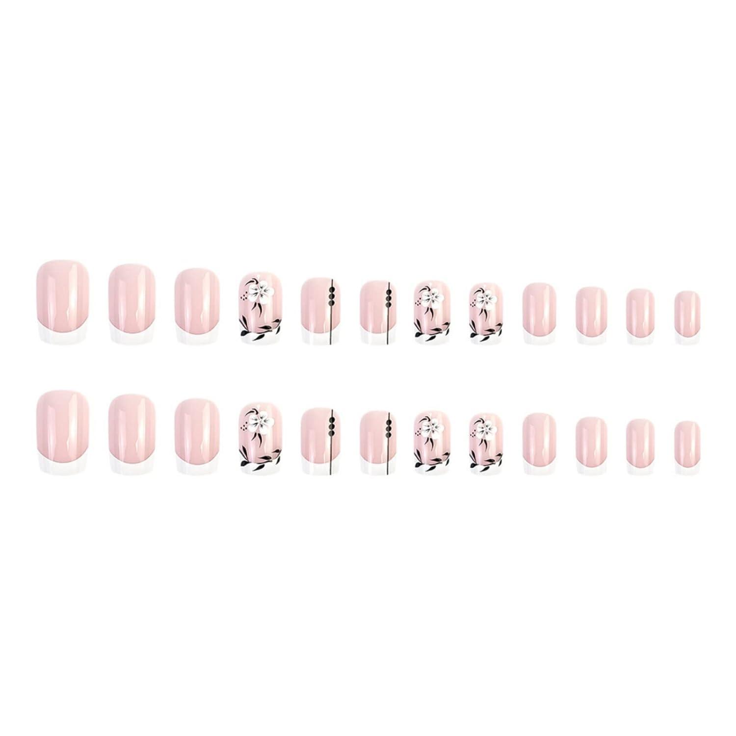 Justotry 24-Piece Angular Press-On Nails with Floral Design | White ...