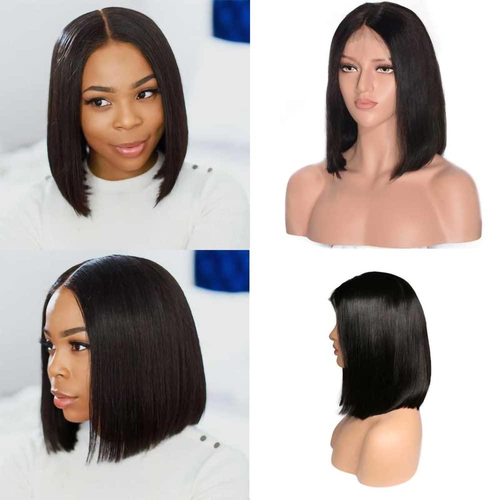 12 Inch Brazilian Virgin Human Hair Lace Closure Bob Wig for Black ...