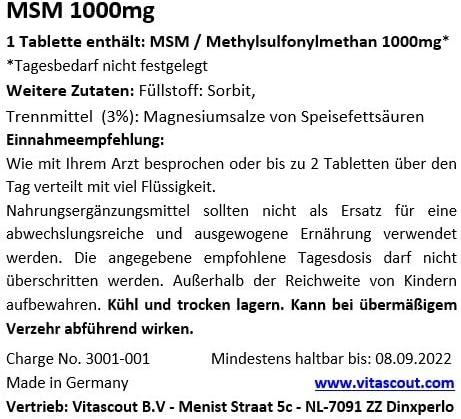 MSM Methylsulfonylmethane 540 Tablets - 2000mg Daily Dose 99.9% Pure ...