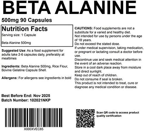 UK Made Beta Alanine 500mg Supplement - 90 Capsules - Pharmaceutical ...