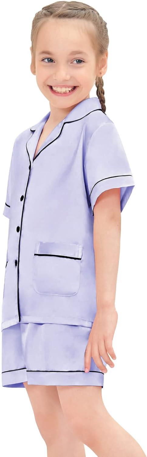 SWOMOG Kids Satin Pyjamas Set | 2 Piece Button-Down Pjs | Short Sleeve ...