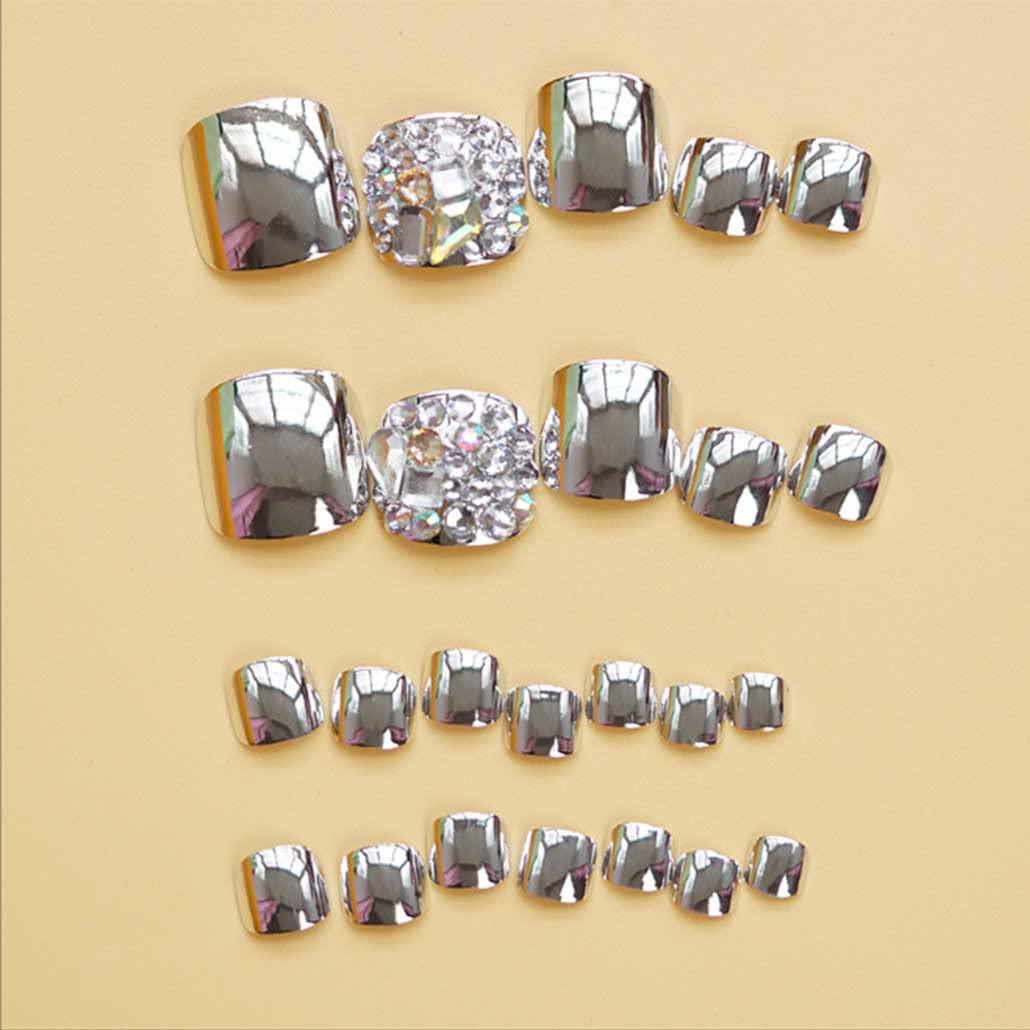 Foccna Glitter Silver Fake Toenails - 24pcs Luxury Rhinestone Press On ...