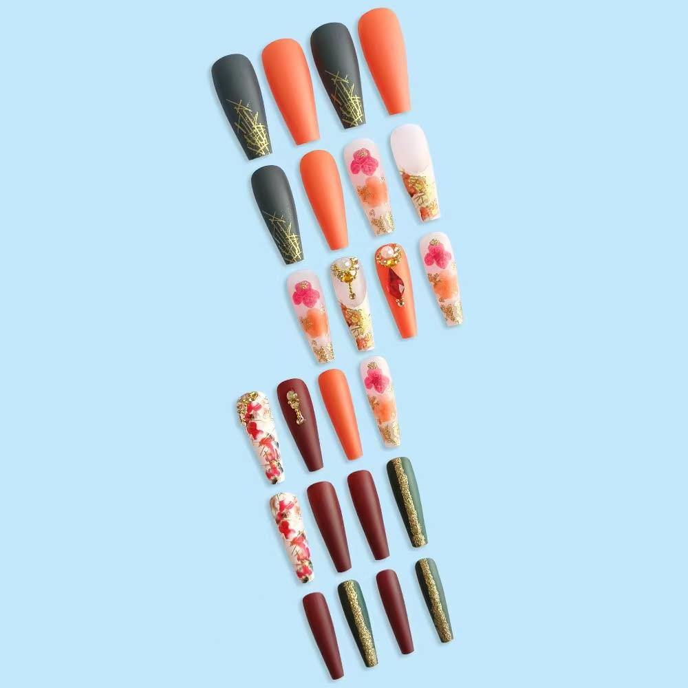 Magrace Brown French Tip Extra Long Press-On False Nails with Designs ...