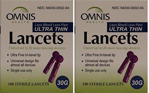 Omnis Ultra Thin Sterile Lancets 30 Gauge x 100 (Pack of 2) - Total 200 ...