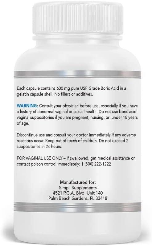 Simpli Supplements Boric Acid 600mg Vaginal Suppository for Women - USA ...